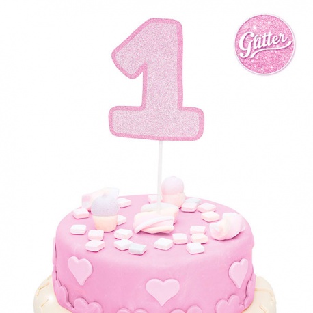 Decoratiune tort cifra 1 roz cu sclipici - 13 x 15 cm, Radar 51030